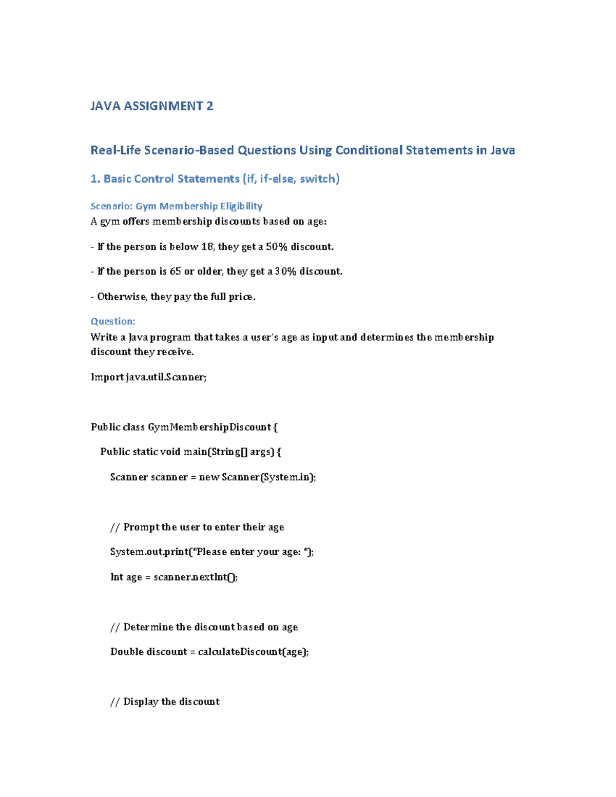 JAVA ASSIGNMENT 2: Conditional Statements & Exception Handling in Java - Studocu