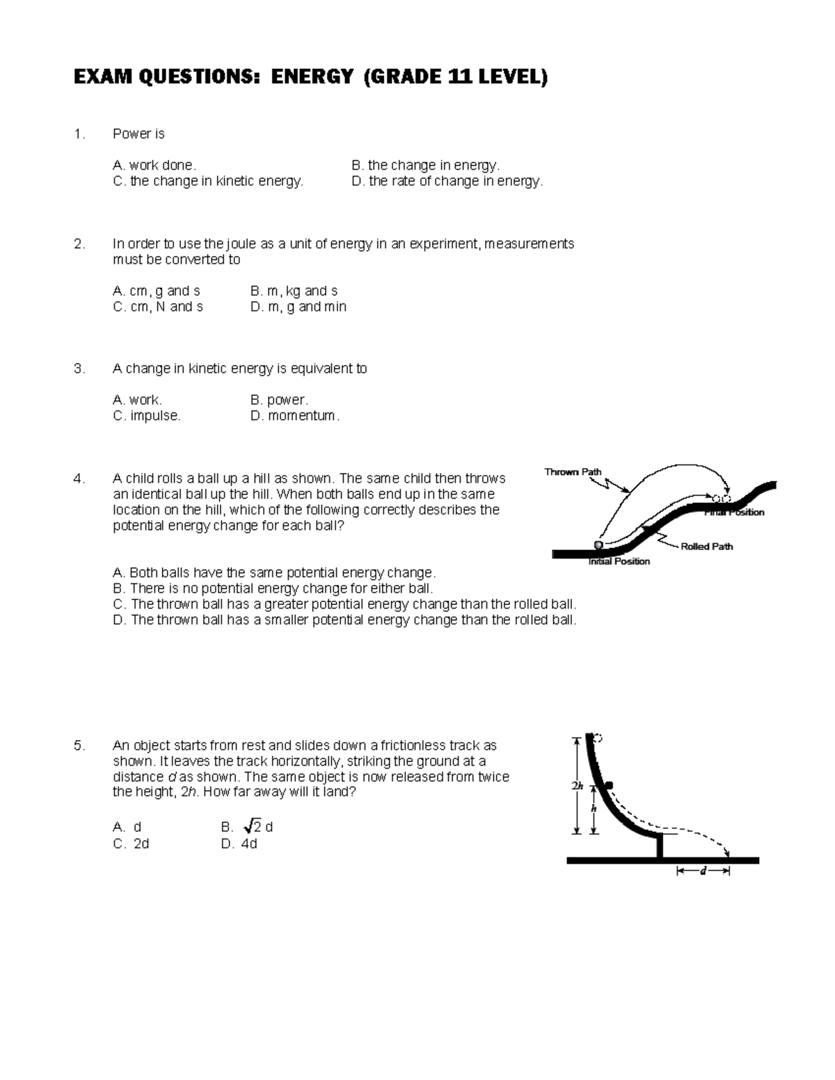 Energetics practice test - EXAM QUESTIONS: ENERGY (GRADE 11 LEVEL ...