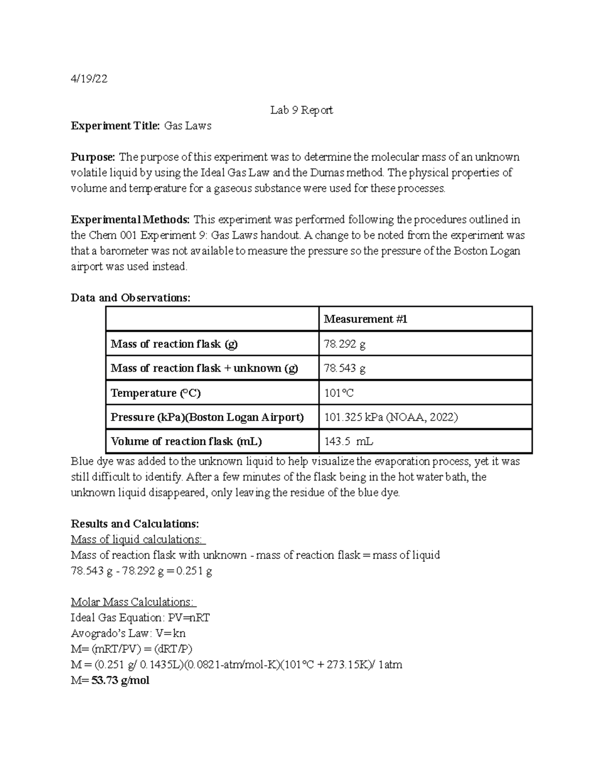 Chem 001 Lab 9 Report: Determining Molar Mass via Gas Laws - Studocu