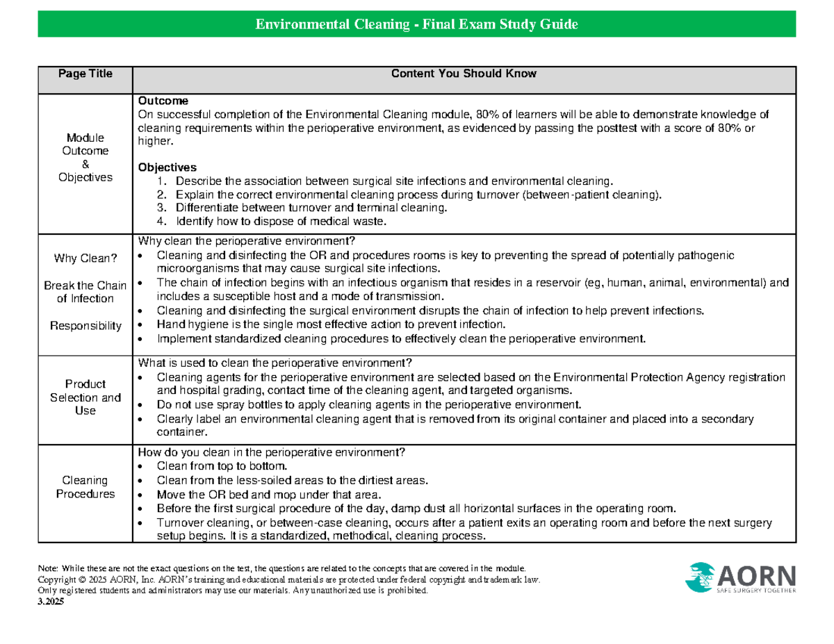 Environmental Cleaning (Course Code) Final Exam Study Guide - Studocu