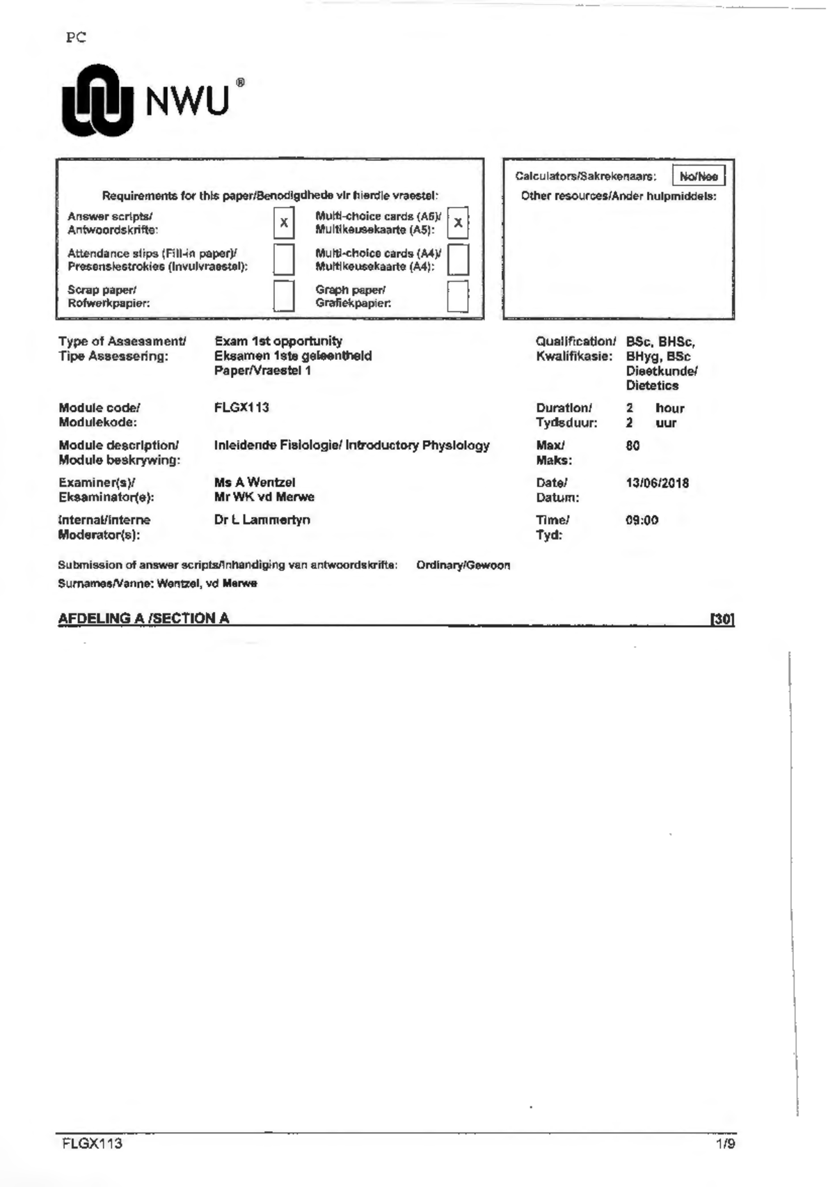 FLGX113 2018 Past Exam Paper - Introductory Physiology Guide - Studocu