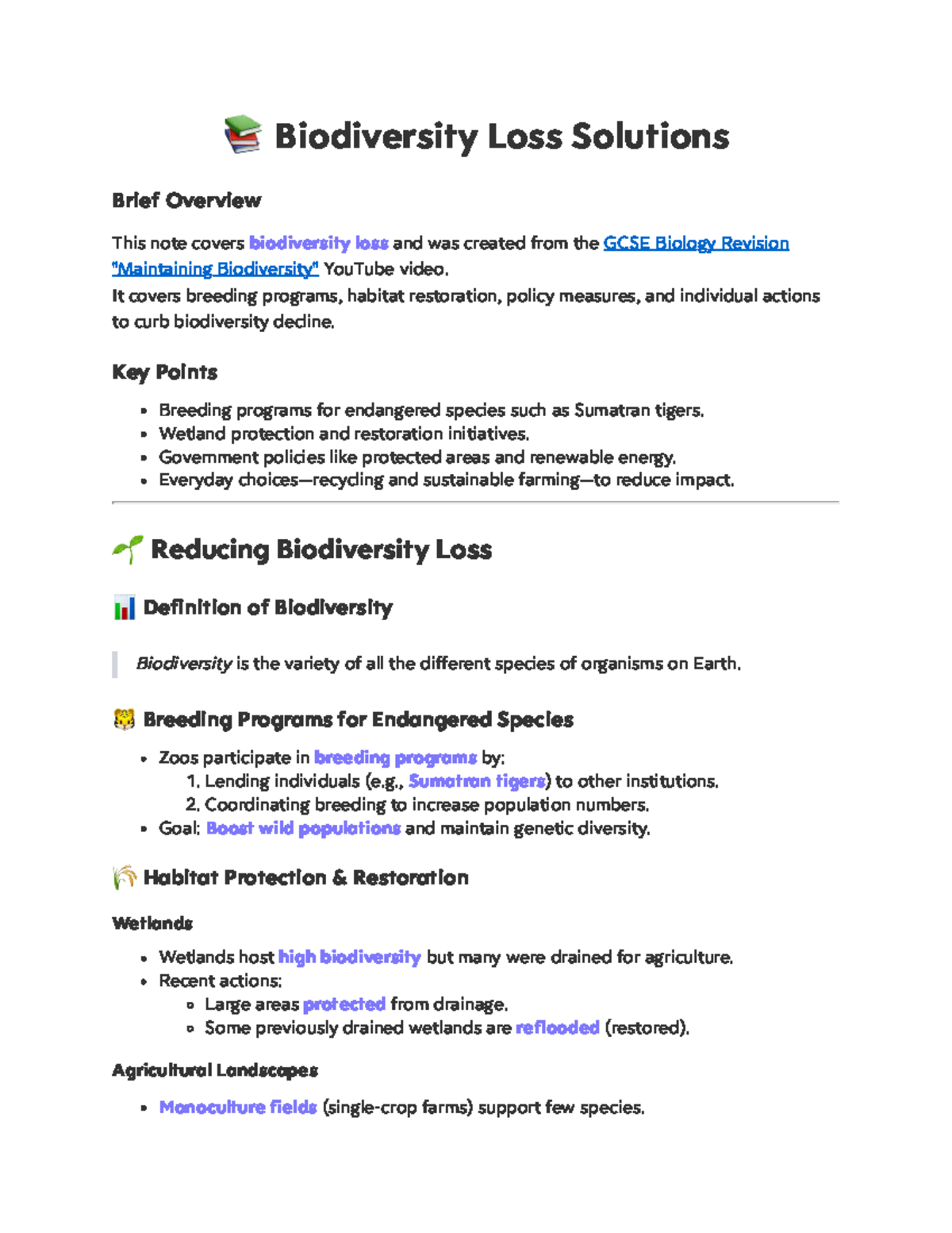 GCSE Biology Revision: Brief Overview of Biodiversity Loss Solutions ...