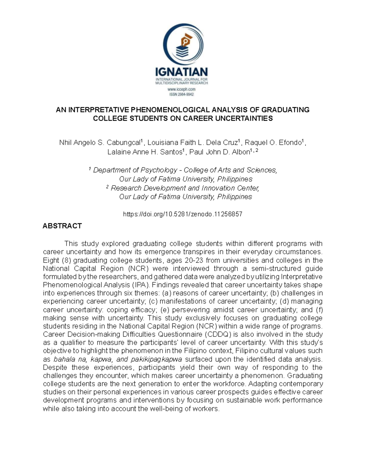 NCR 2024: IPA Study on Career Uncertainties Among Graduating Students ...