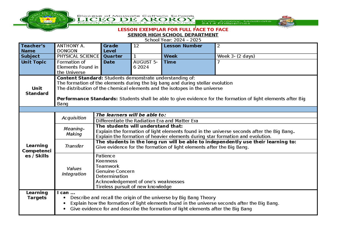 1ST Quarter WEEK 2 Physical Science Lesson Exemplar - LESSON EXEMPLAR ...