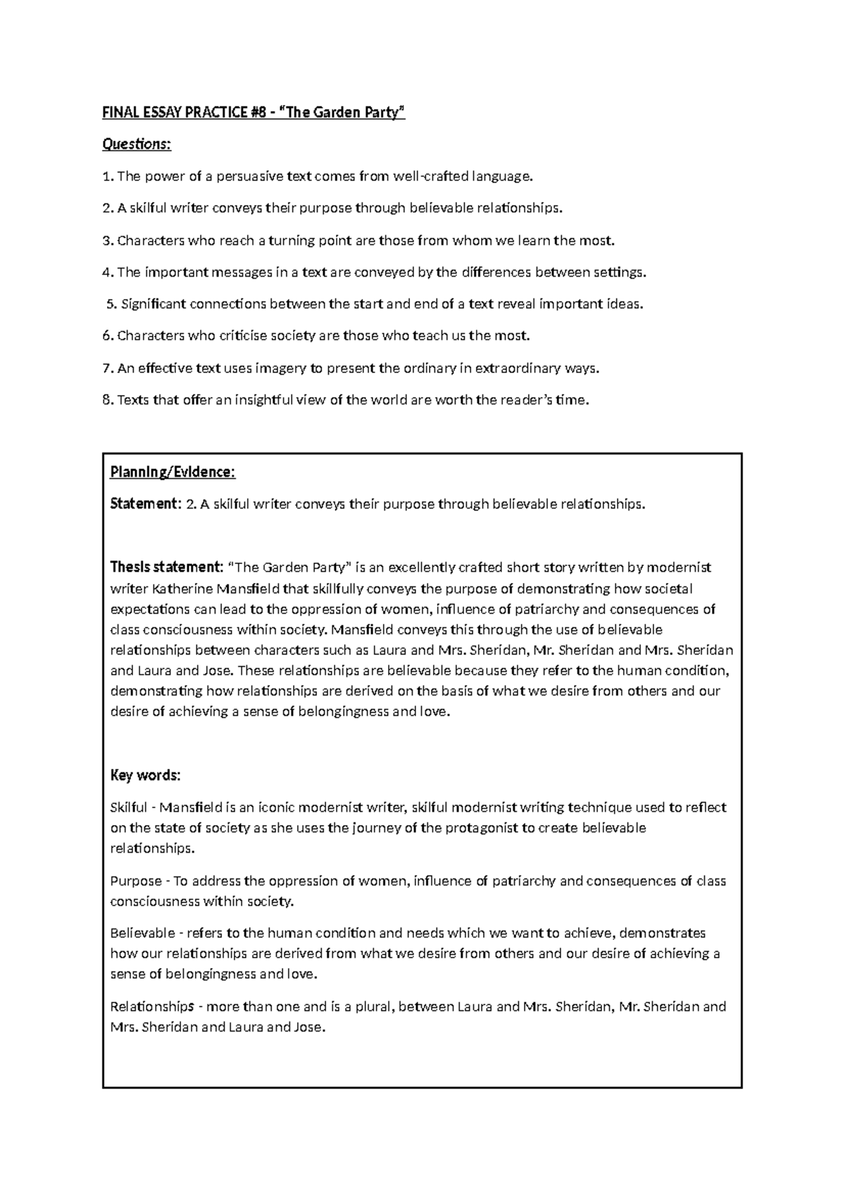 FINAL ESSAY PRACTICE: Analyzing Relationships in Mansfield's "Garden ...