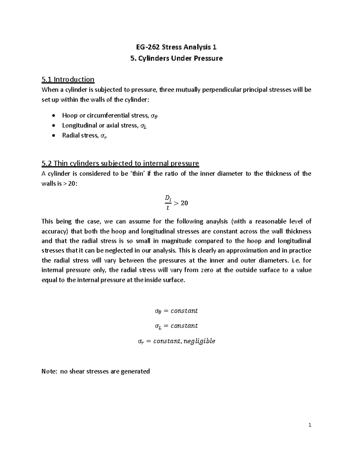 EG-262 Stress Analysis 1: Cylinders Under Pressure - Thin & Thick ...