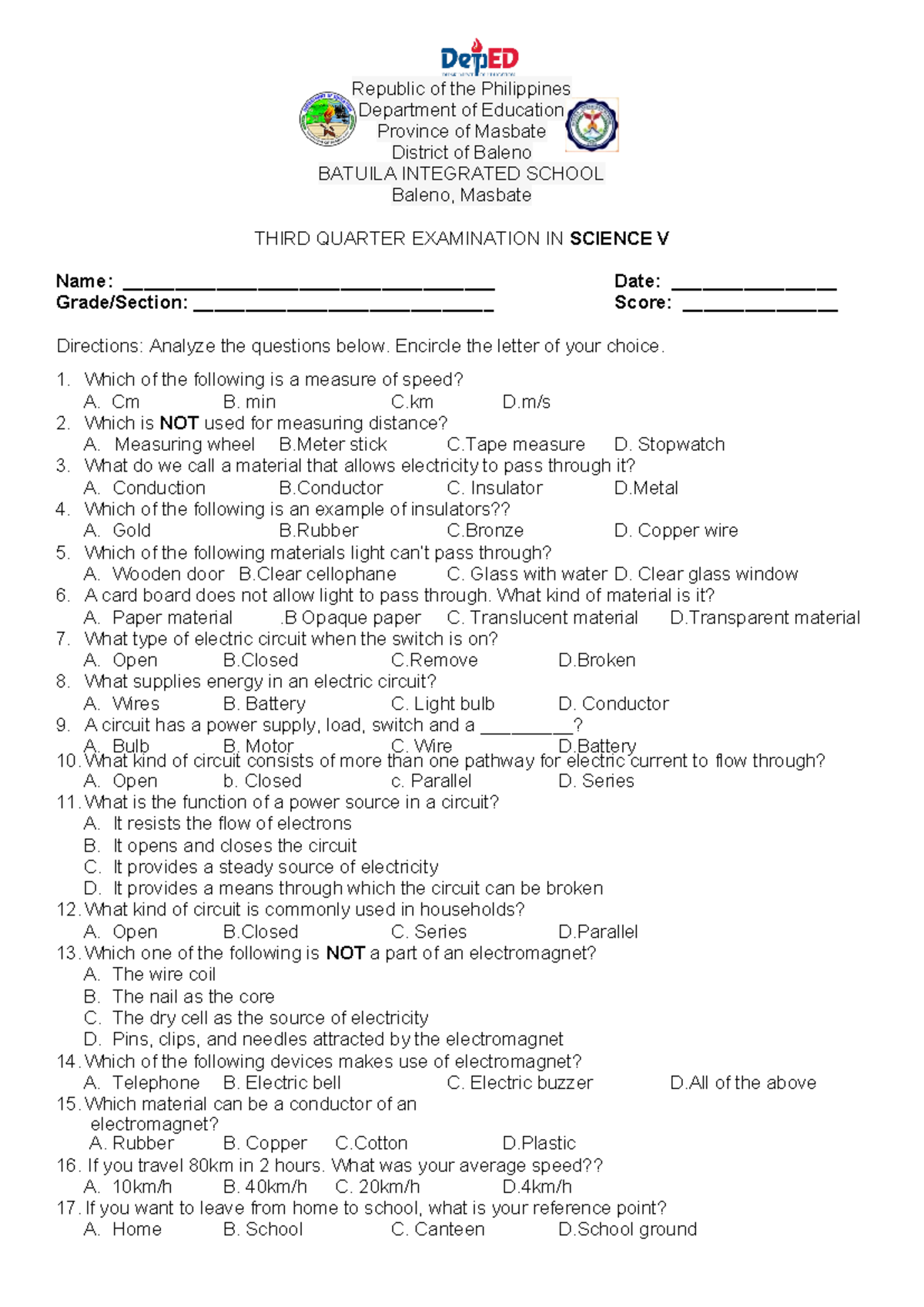PT Science 5 Q3 Final Exam Review - Concepts & Questions - Studocu