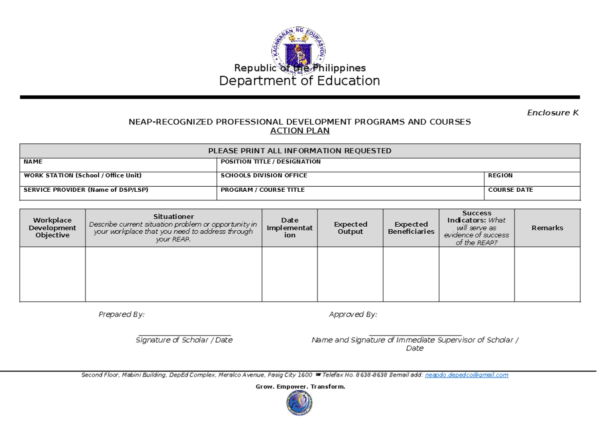 NEAP PDP Action Plan Enclosure K - Development Objectives & Indicators ...