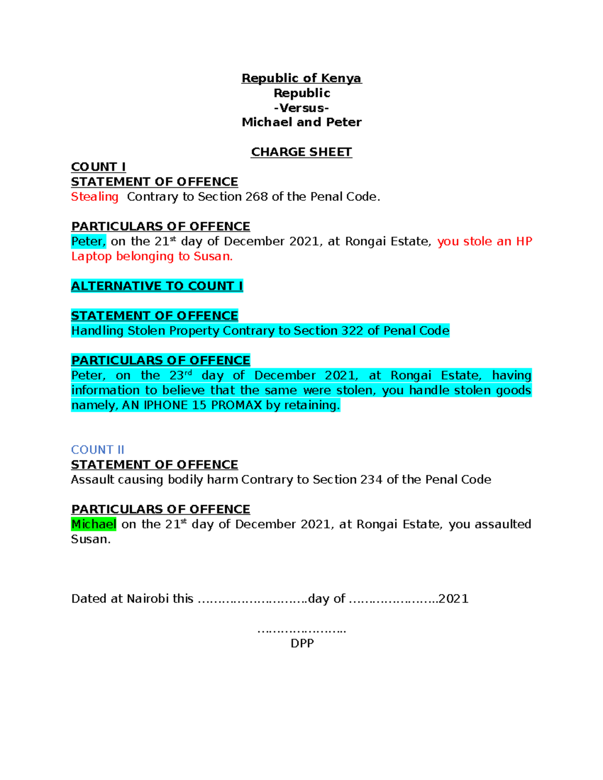 Sample Charge Sheet: Republic of Kenya - Peter's Offences - Studocu