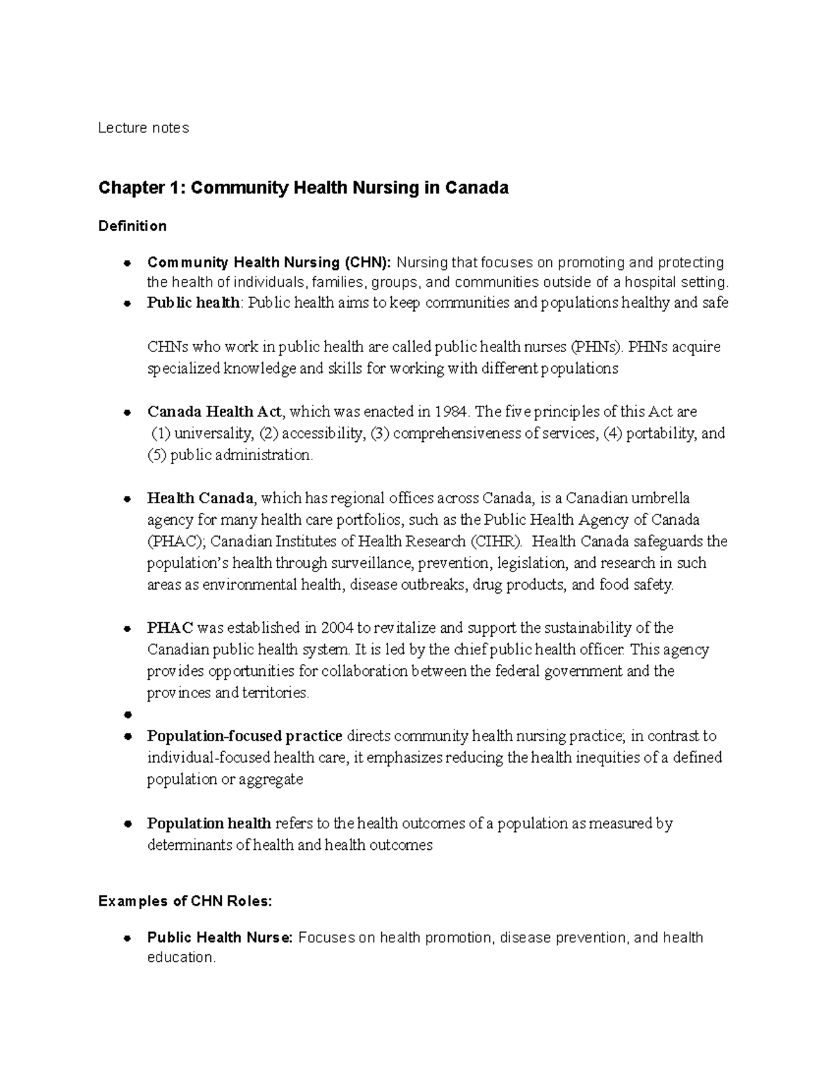Lecture notes CHN 101: Community health nursing in Canada (Chapters 1-5 ...