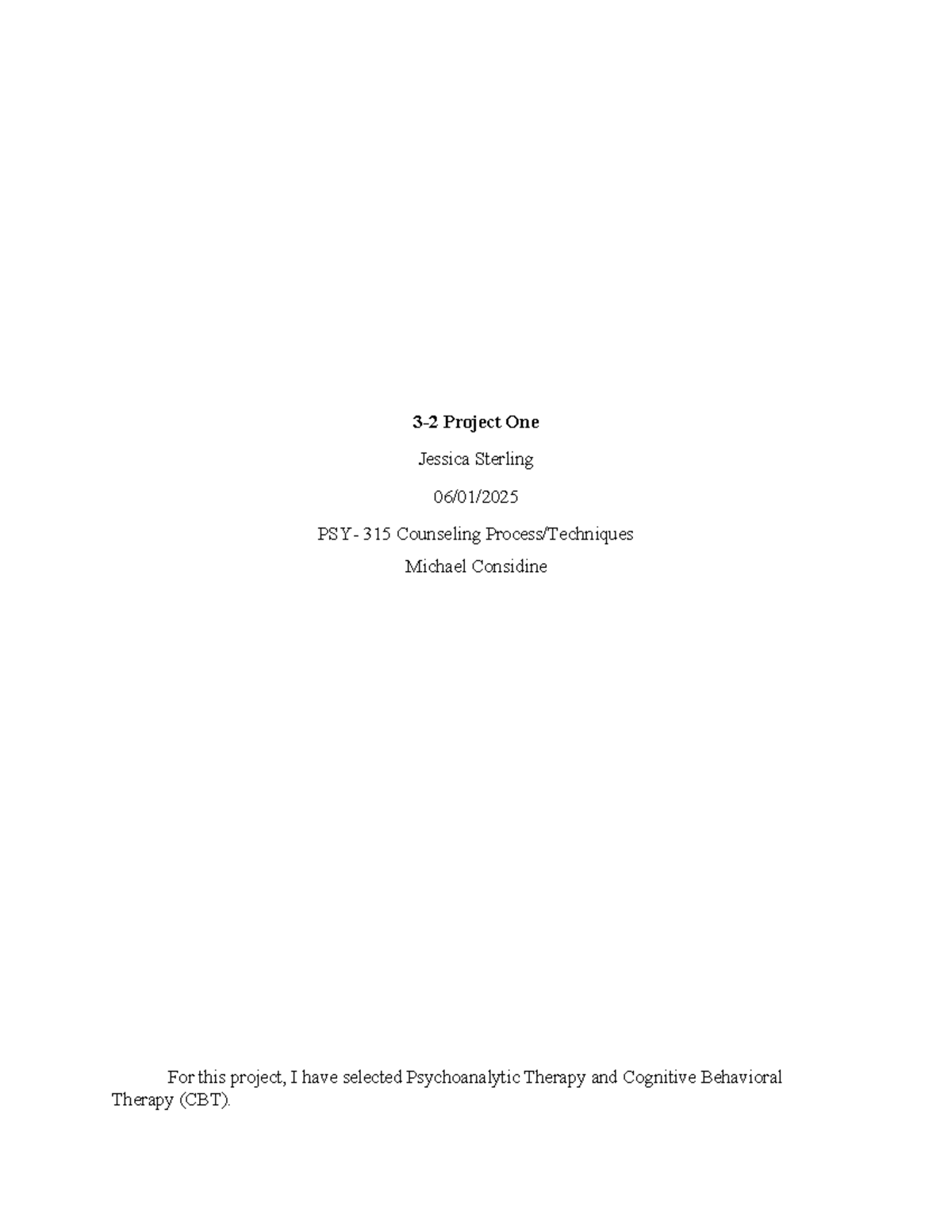 Project One: Psychoanalytic & CBT Approaches in PSY 315 - Studocu