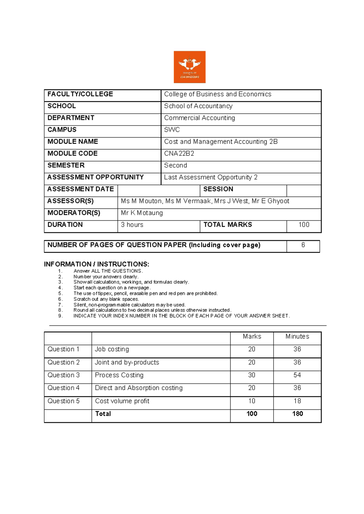 CNA22B2 - Cost and Management Accounting 2B Exam Paper - Studocu