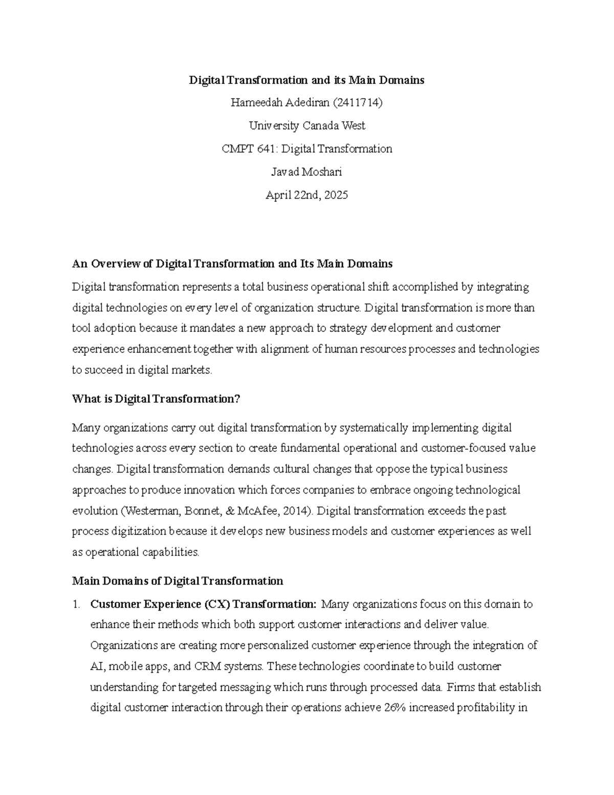 CMPT 641: Discussion on Digital Transformation & Key Domains - Studocu