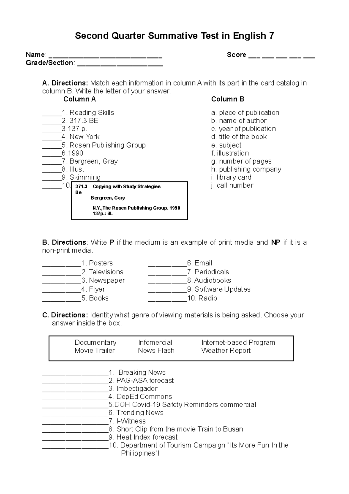 G7 Summative TEST - LESSON PLAN - Second Quarter Summative Test in ...
