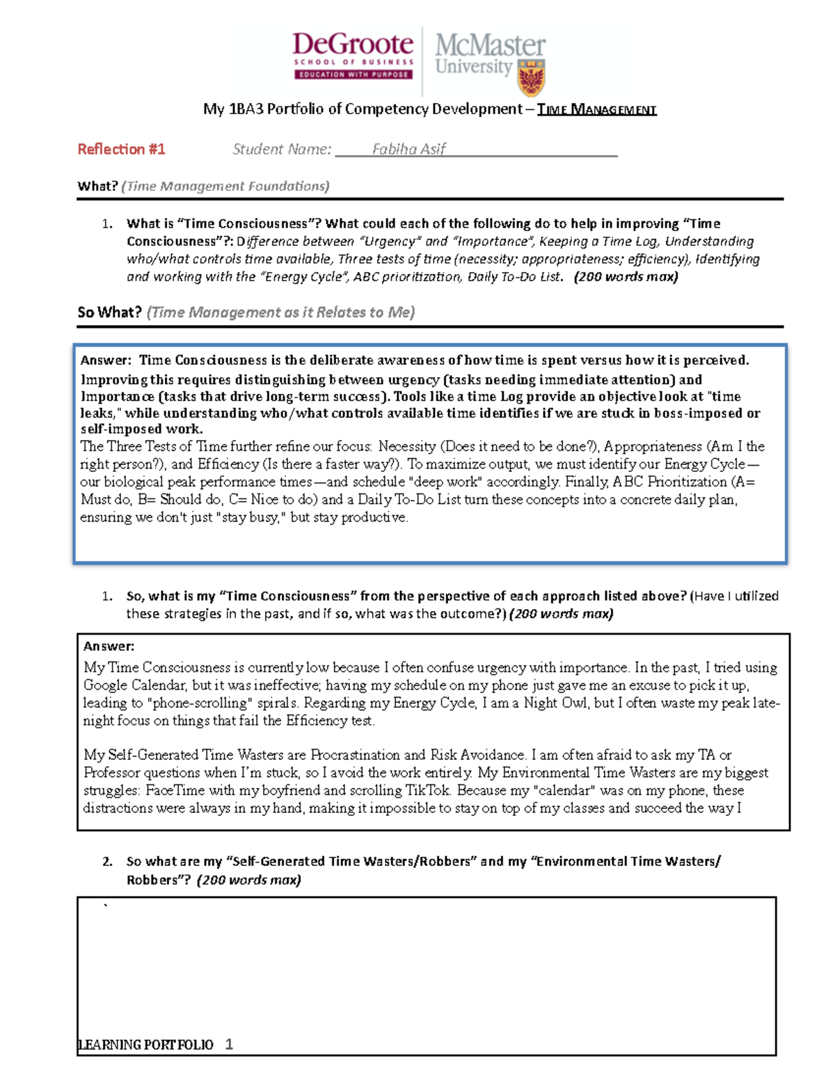 LP Reflection #1 - 1BA3 - Time Management Strategies and Insights - Studocu