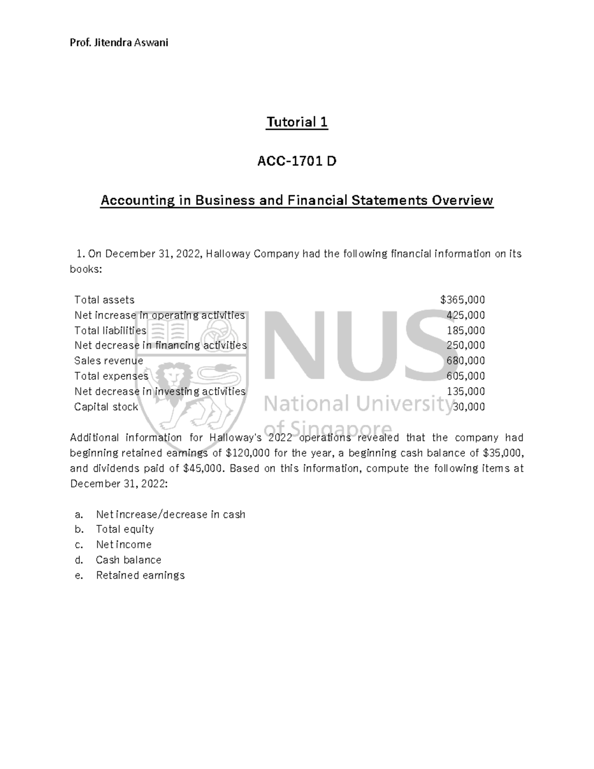 Tutorial 1 - Prof. Jitendra Aswani Tutorial 1 ACC-1701 D Accounting in ...