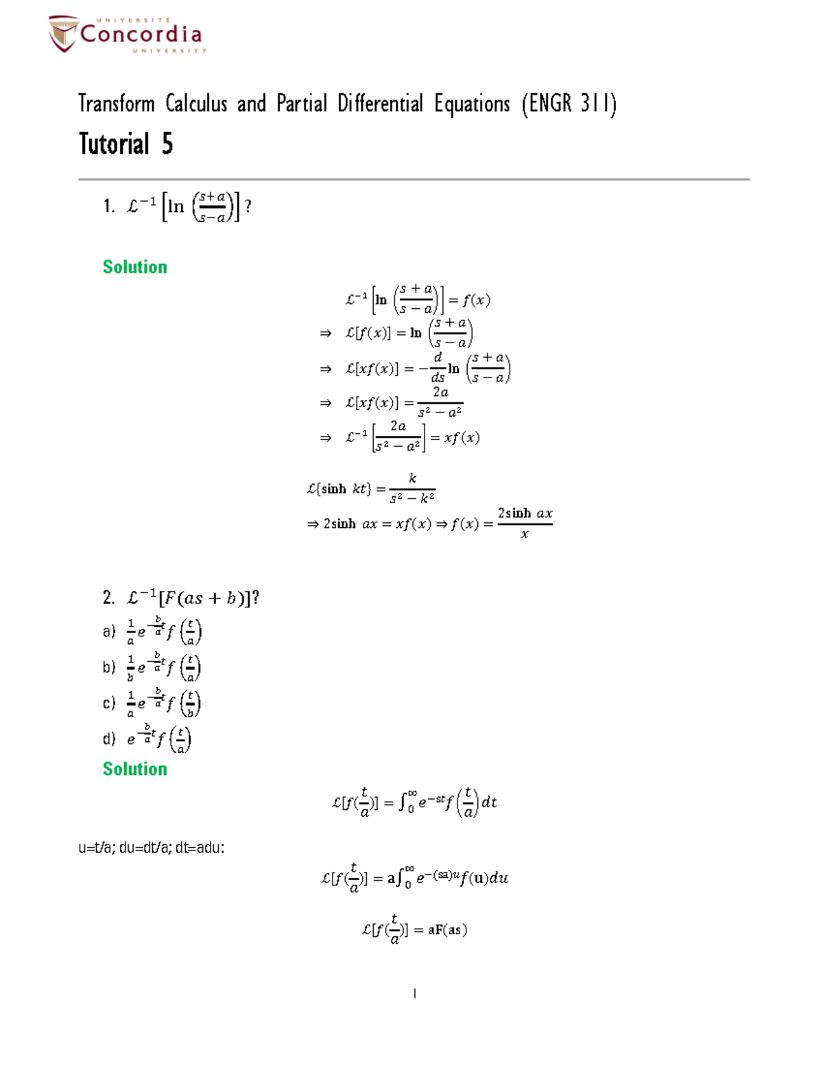 Transform Calculus & PDEs (ENGR 311) Tutorial 5 Solutions - Studocu