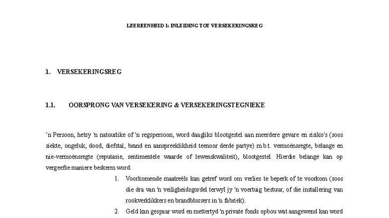 LEEREENHEID 1: INLEIDING TOT VERSEKERINGSREG - 'n Oorsig van die ...