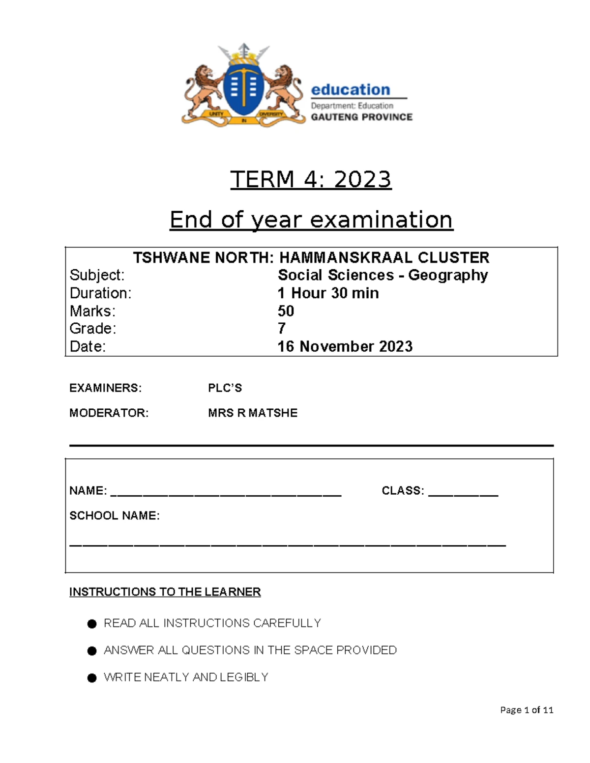 Grade 7 Geography Term 2 June Exam Memorandum 2024 - Studocu