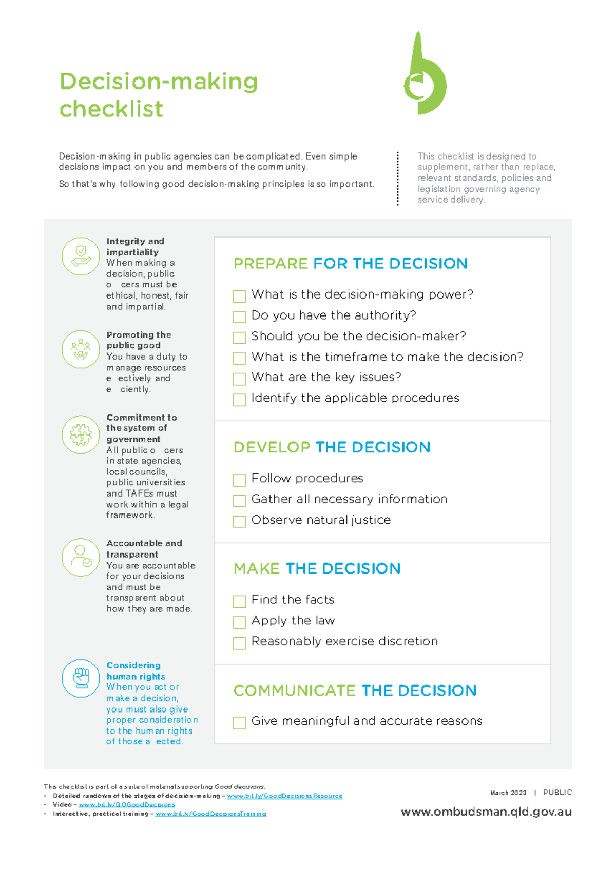 Good Decisions Checklist for Public Agencies - QLD Ombudsman - Studocu