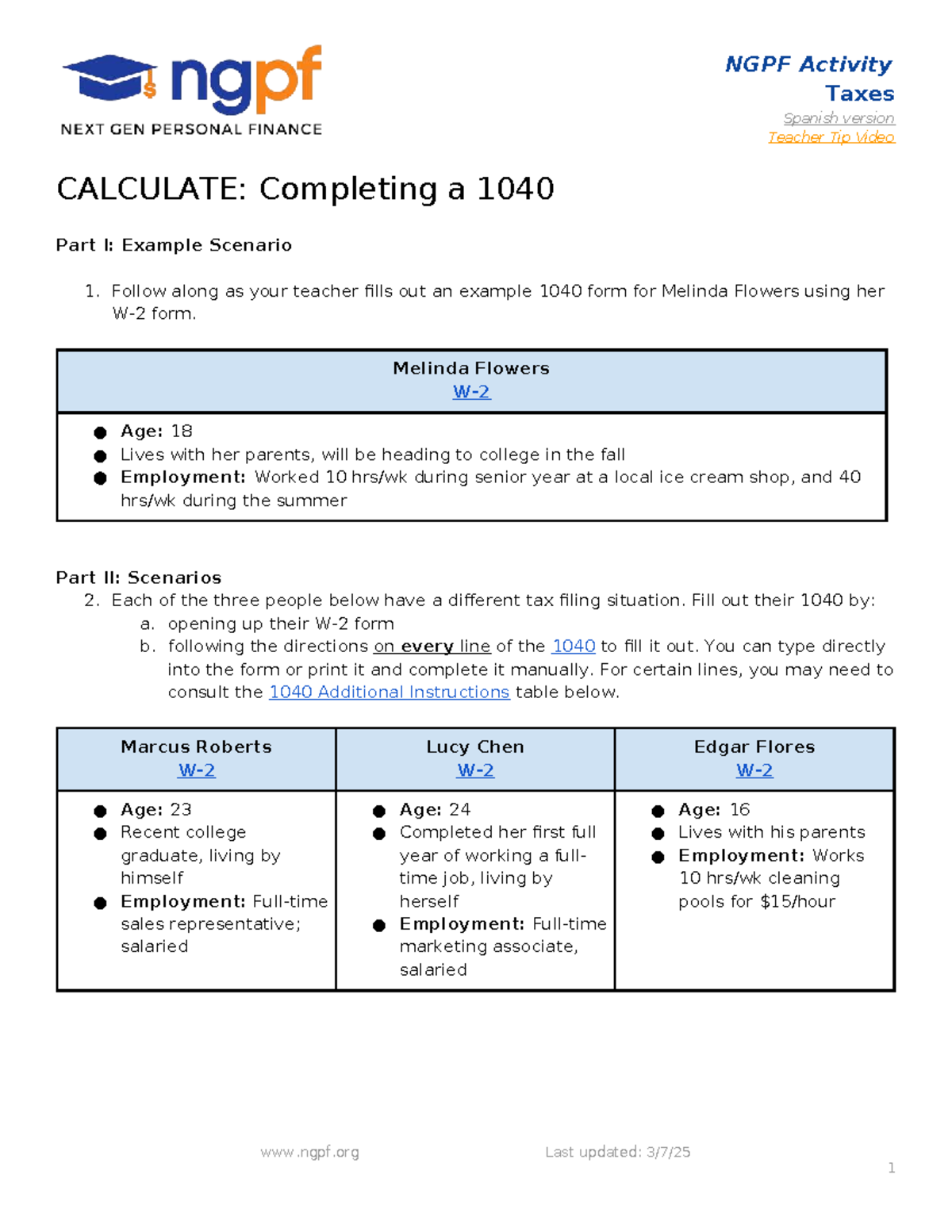 NGPF Activity: Completing a 1040 Form - Teacher Tips & Scenarios - Studocu