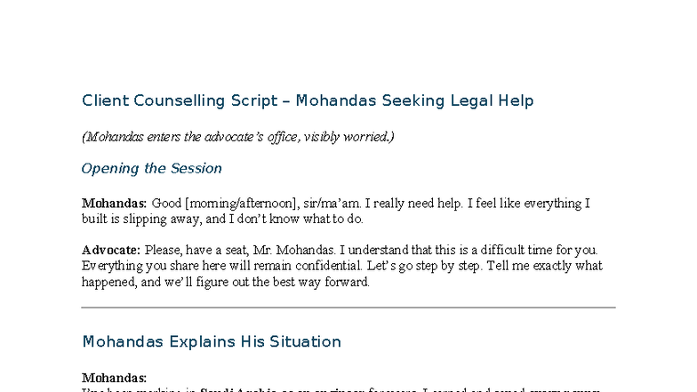 Client Counselling Script: Mohandas' Legal Dilemma - Studocu