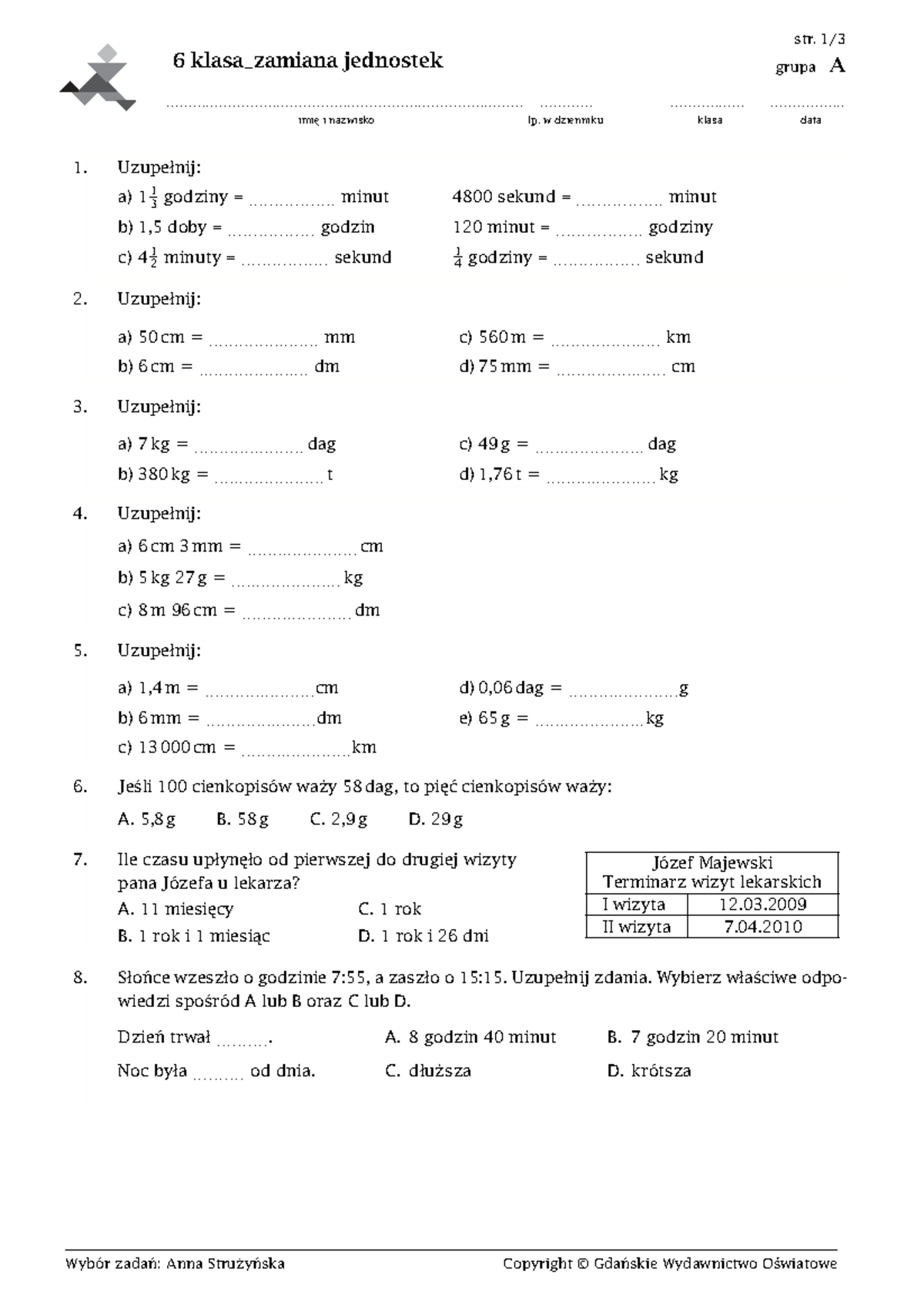 6 Klasa - Karta Pracy z Zamiany Jednostek dla Grupy A i B - Studocu