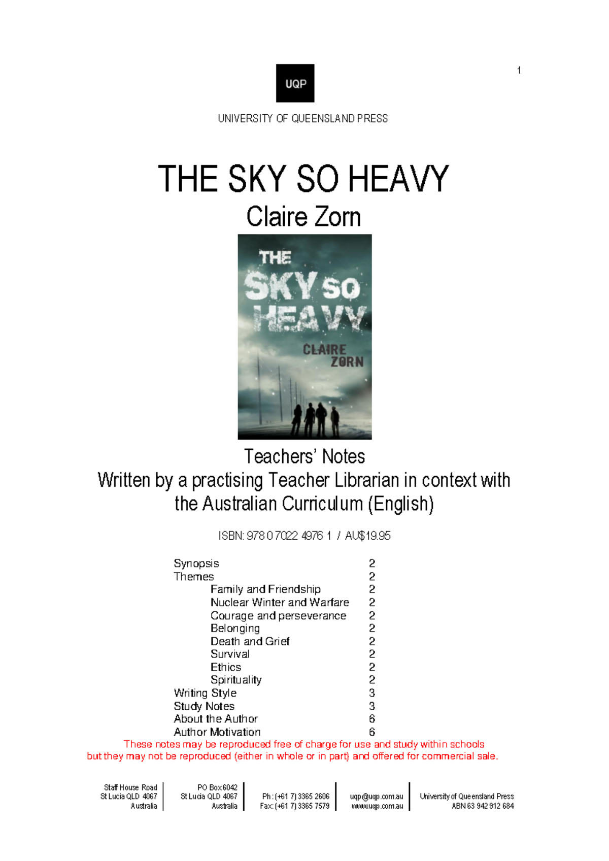Teachers' Notes: The Sky So Heavy (ENG 101) - Themes & Analysis - Studocu