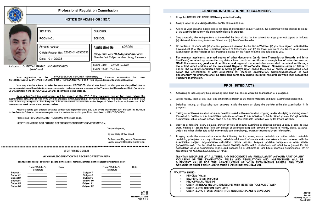 Professional Regulation Commission NOA & Exam Instructions for Teachers ...