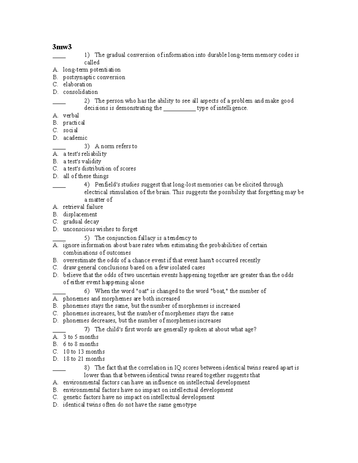 MC Test 3 full - Multiple Choice test questions and answers - 3mw ...