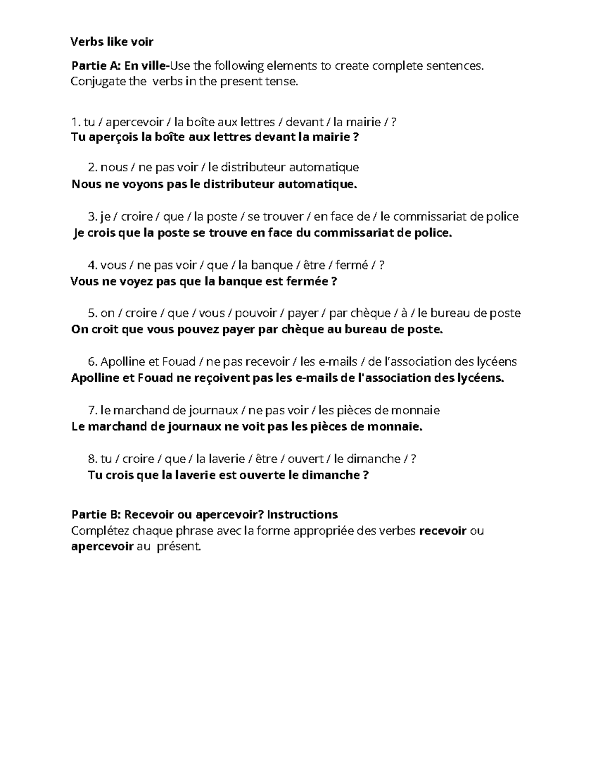 Verbs Like Voir: Conjugation Practice and Exercises (Partie A & B ...