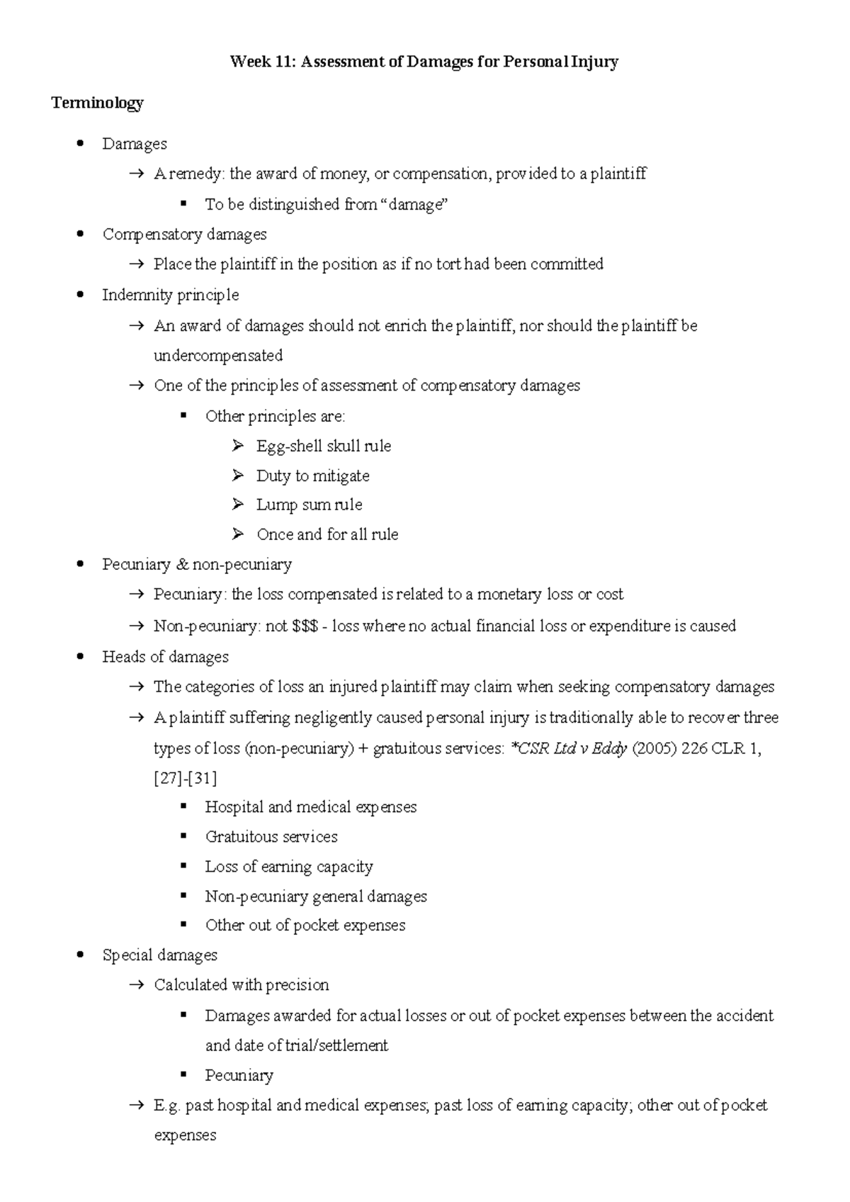 WEEK 11: Personal Injury Damages Assessment Overview - Studocu