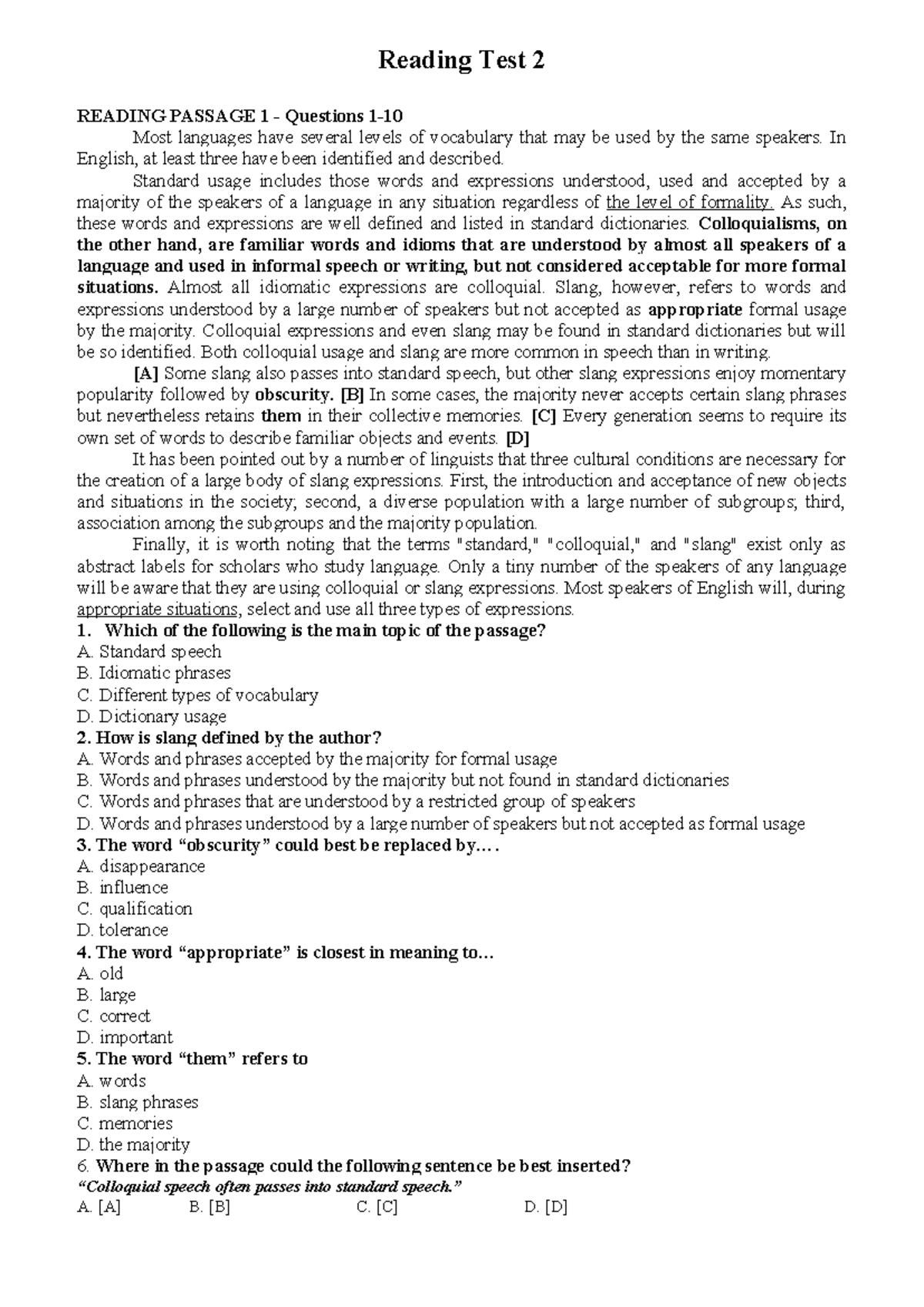 Reading Test 2 - B1 English Exam Passage Review - Studocu