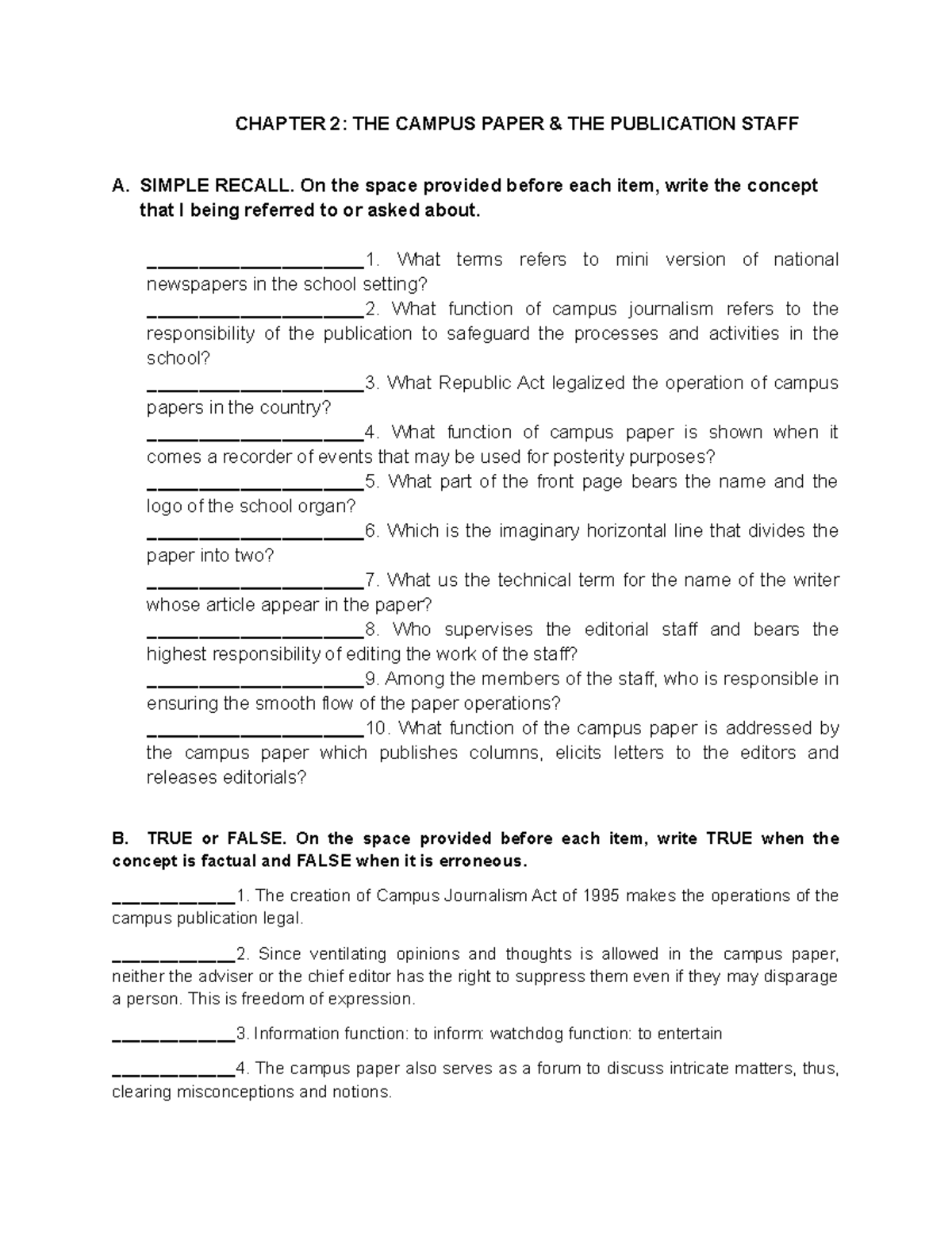 Campus Journalism CH2 Activity: The Campus Paper & Staff Roles - Studocu