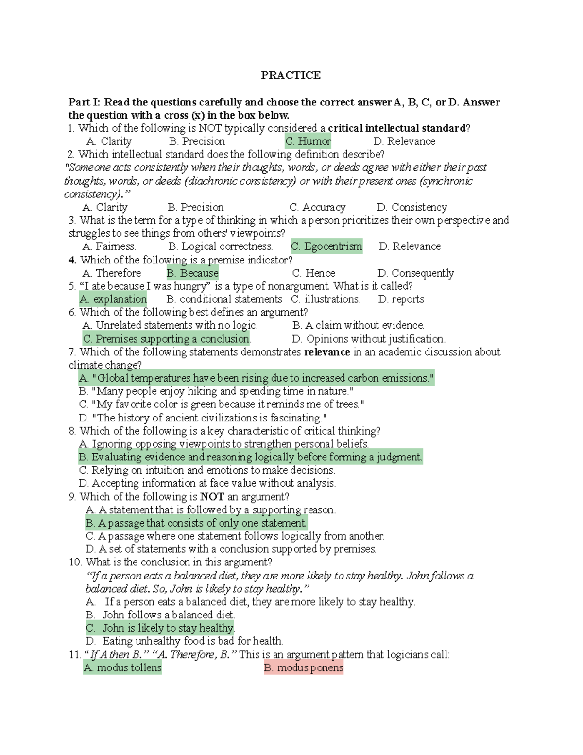 Critical Thinking Practice Quiz: Choose the Correct Answer - Studocu