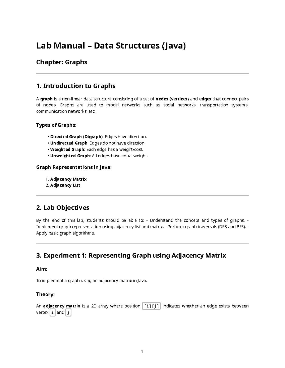 Data Structures (Java) Lab Manual: Graphs Overview and Implementation ...