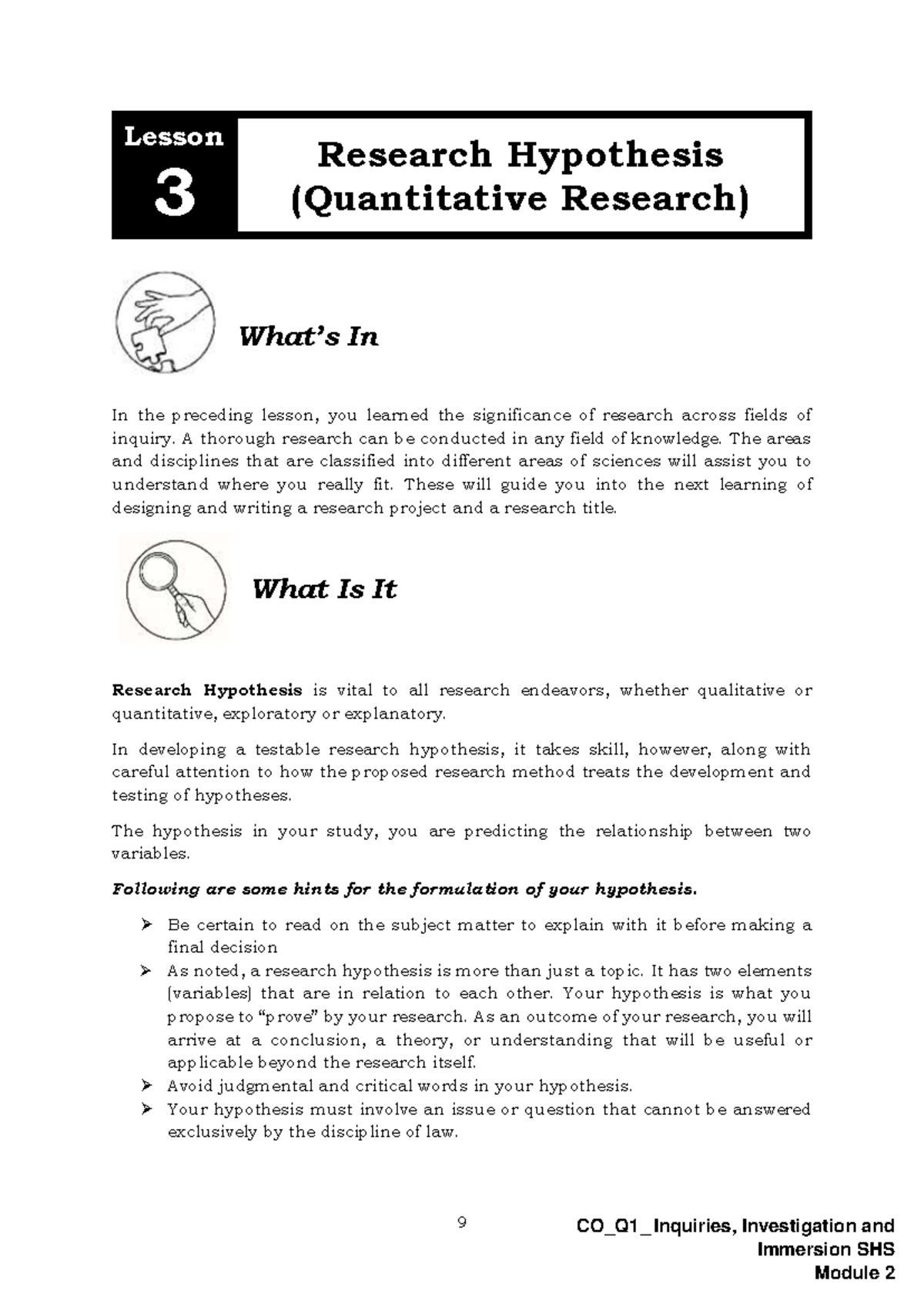 CO_Q1 Immersion SHS Lesson on Research Hypothesis and Problem Statement ...