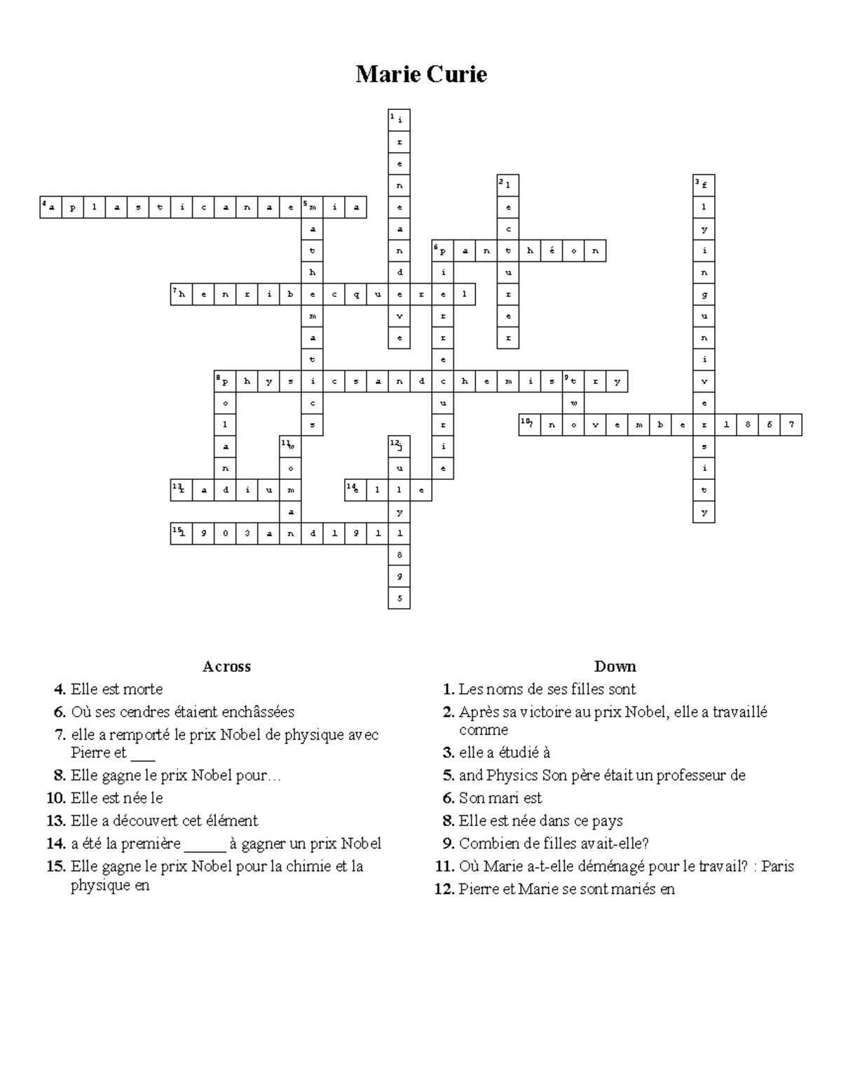 Worksheet: Marie Curie - French Language Activities on Marie Curie ...
