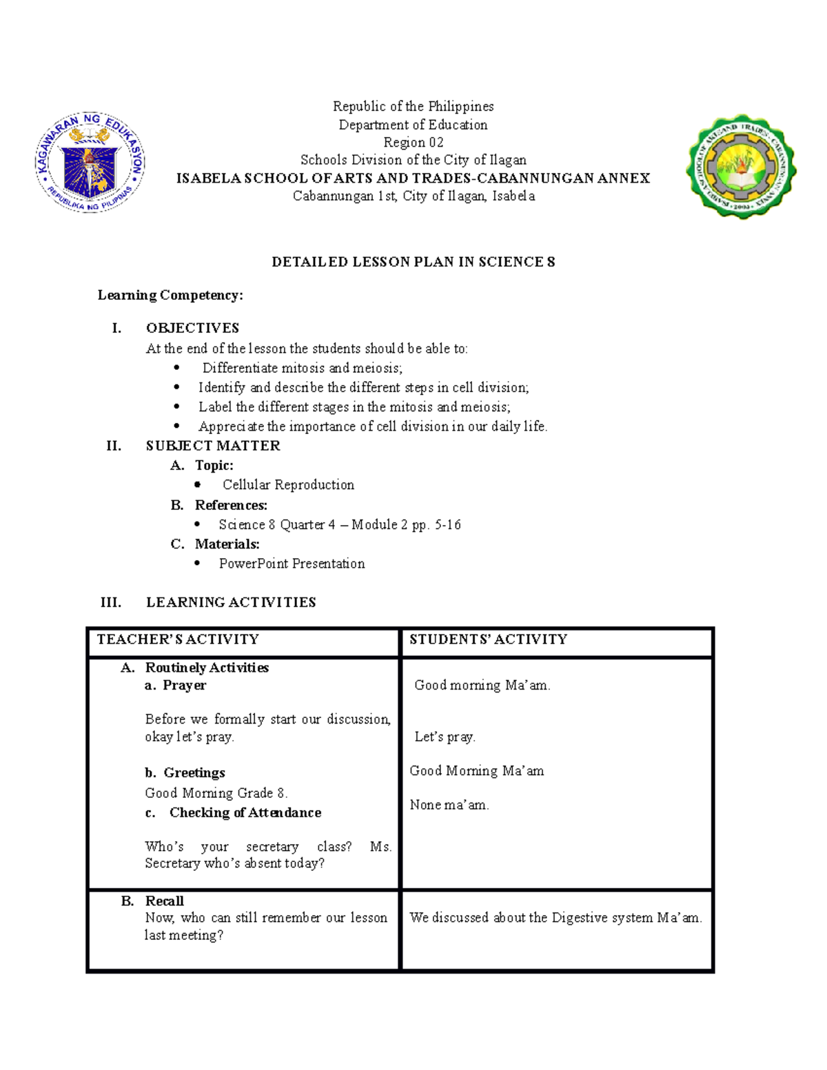 Detailed Lesson Plan in Science 8: Cellular Reproduction Insights - Studocu