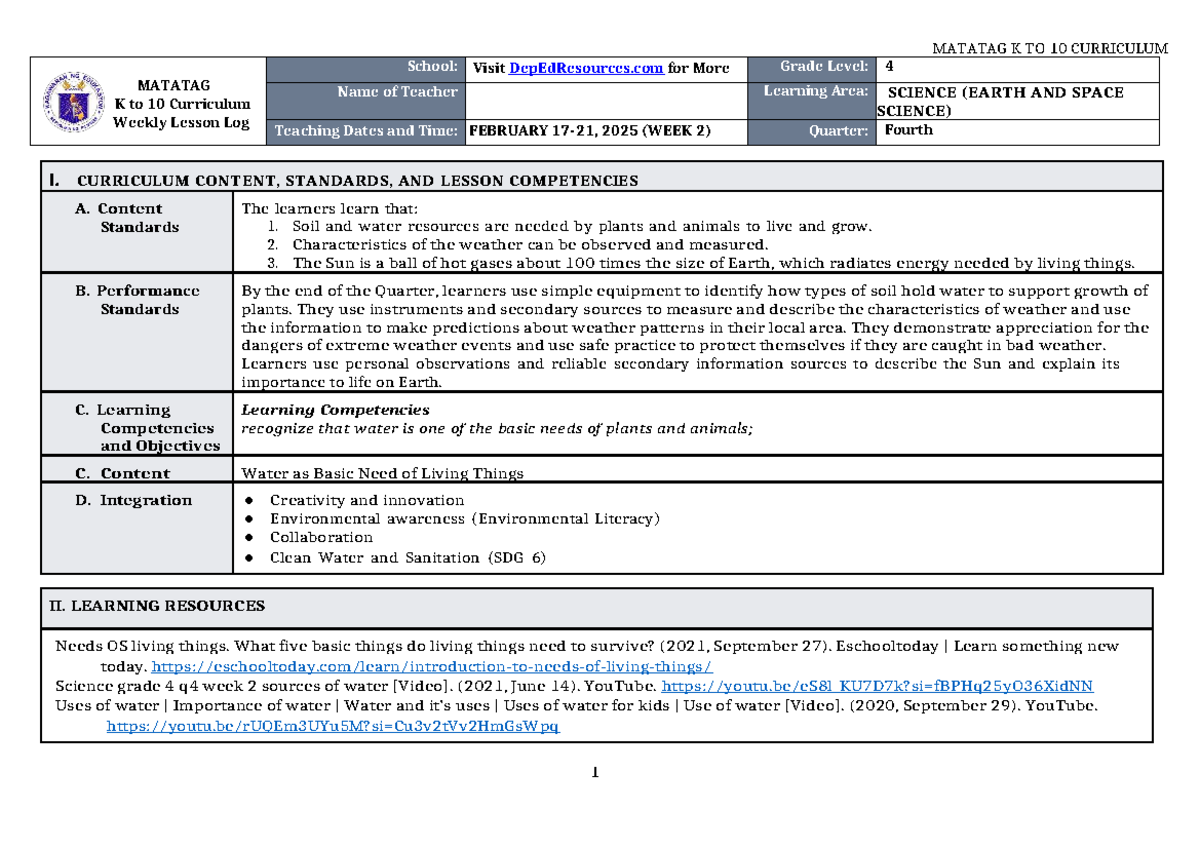 DLL Science 4 Q4 W2 - Daily Lesson Log - MATATAG K to 10 Curriculum Weekly Lesson Log School ...
