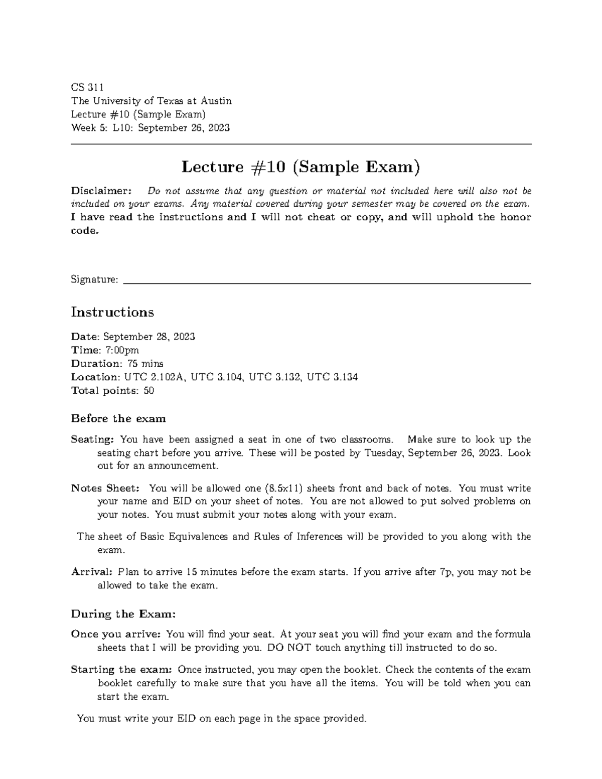 CS 311 Lecture 10 Sample Exam Solutions - Week 5, Sept 2023 - Studocu