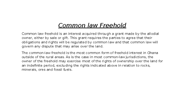 Common law Freehold - Stool property - Common law Freehold Common law ...