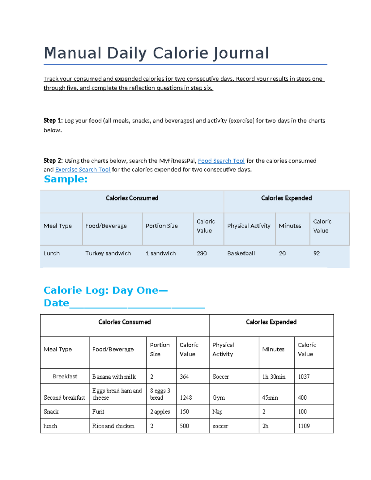 03 04 Manual (2) - Manual Daily Calorie Journal Track your consumed and ...