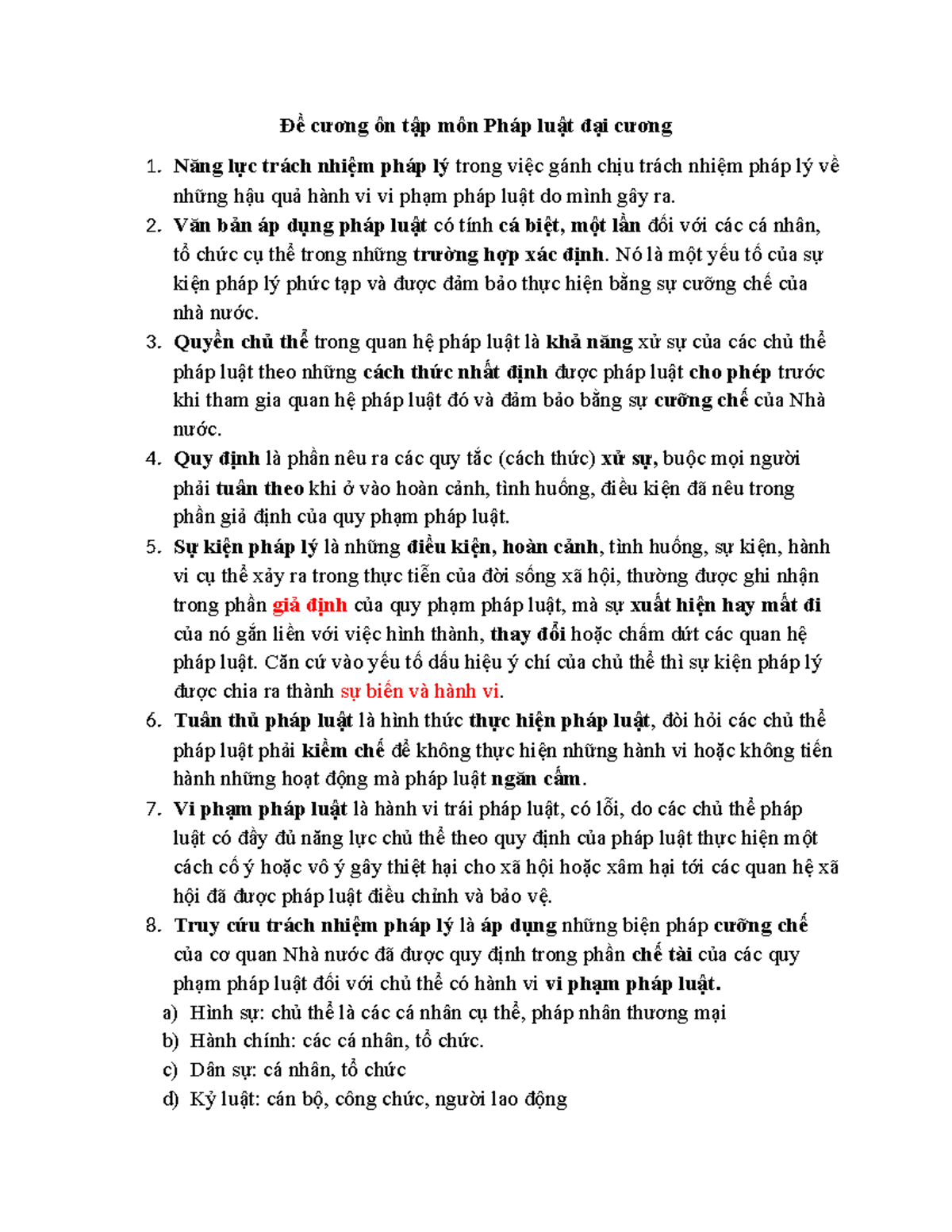 Đề cương ôn tập môn Pháp luật đại cương: Năng lực và Trách nhiệm pháp ...