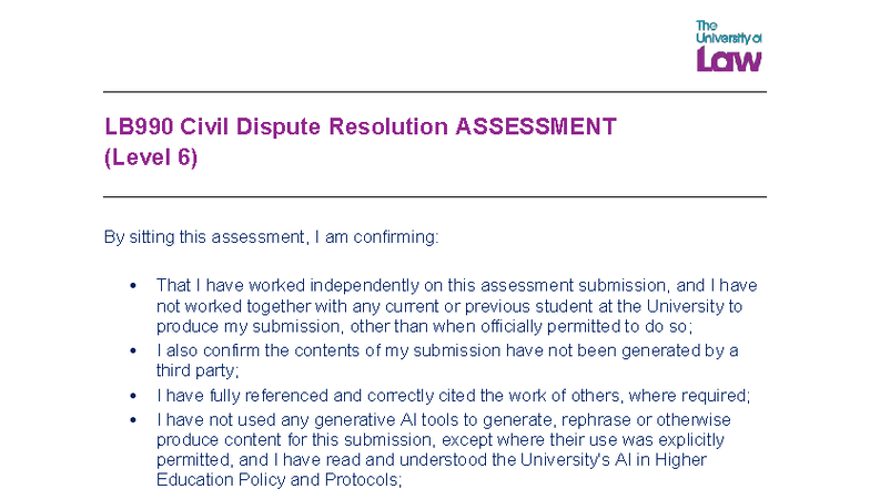 LB990 Civil Dispute Resolution Assessment (Level 6) Case Analysis and ...