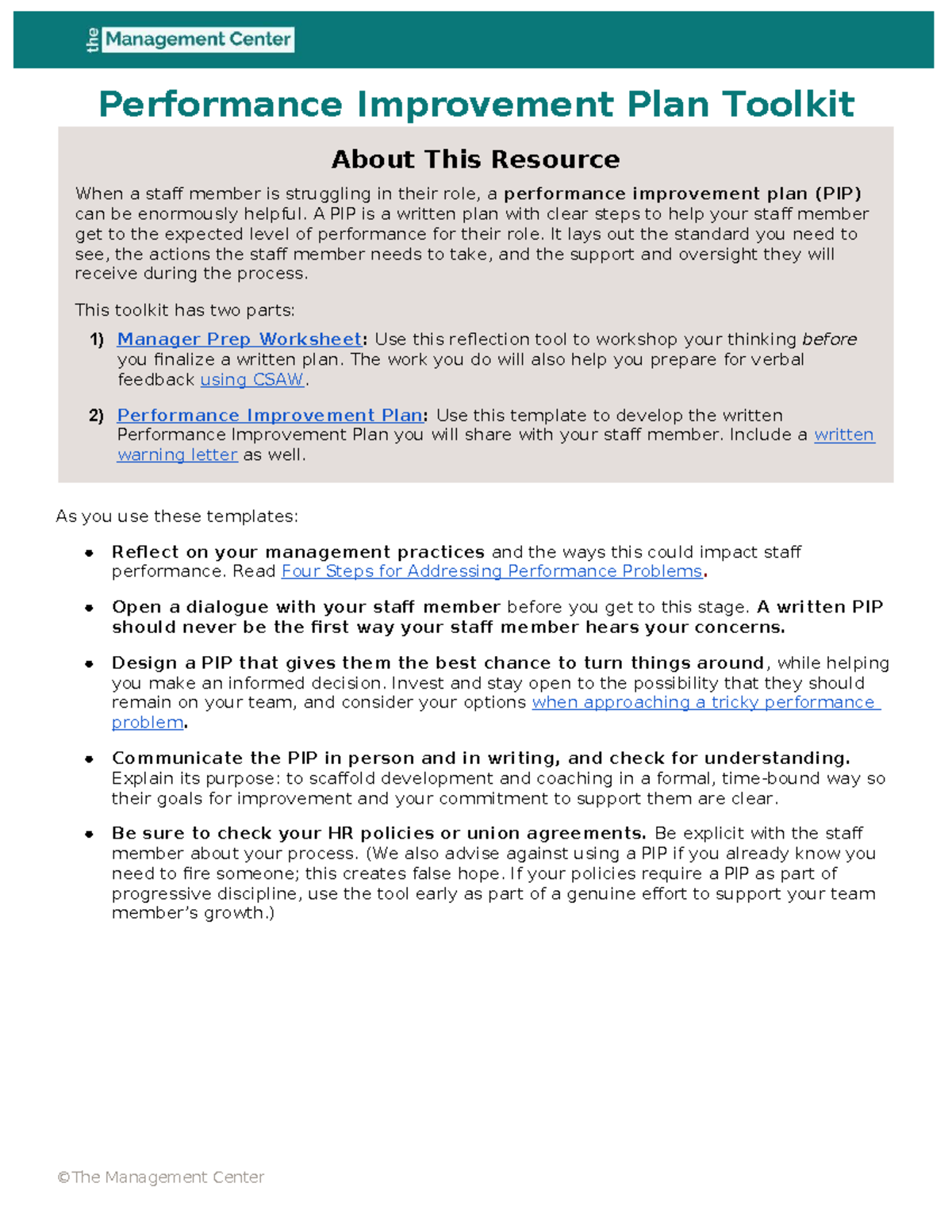 Performance Improvement Plan Toolkit TMC 2023: A Manager's Guide - Studocu
