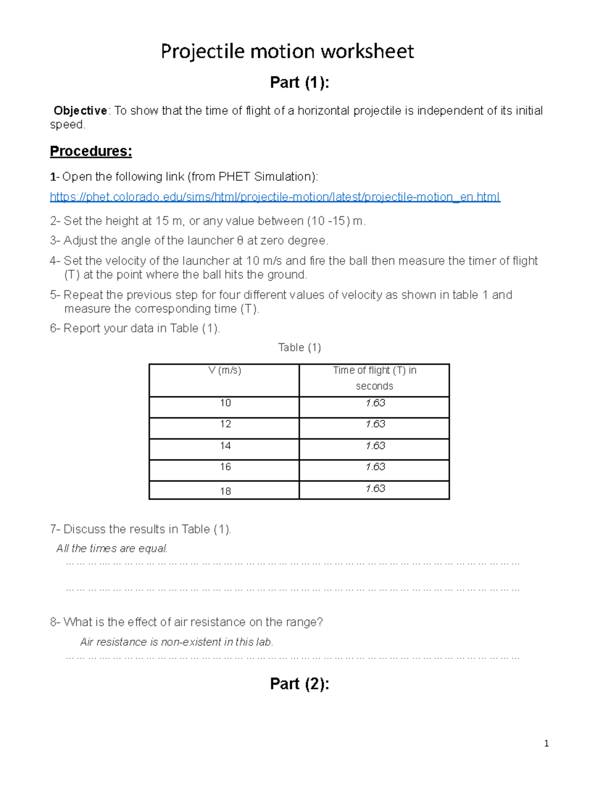 Projectile+motion+worksheet - Part (1): Objective: To show that the ...