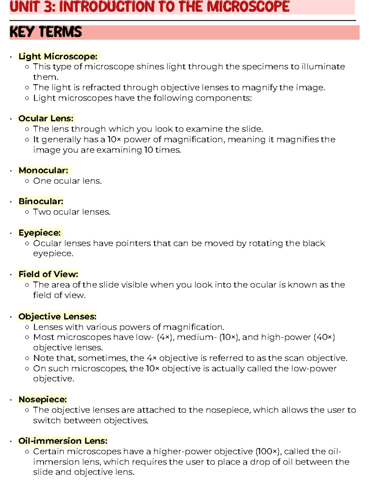 Unit 3: Comprehensive Guide to Light Microscope Components and Use ...