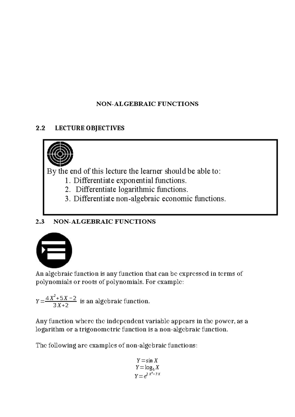 Functions 2.2 Lecture Objectives: Differentiation & Economic ...