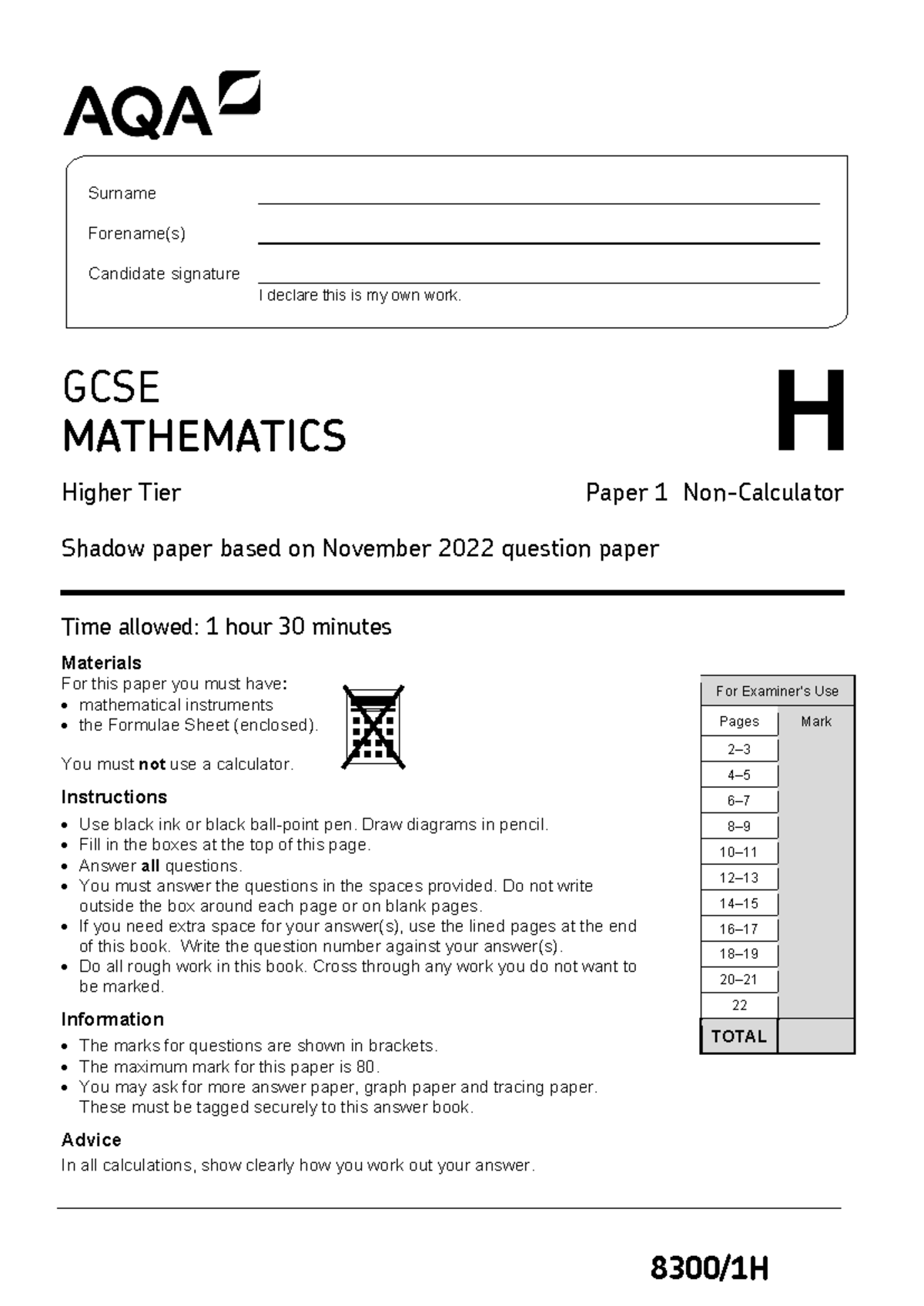 8300 GCSE Mathematics Higher Tier Paper 1H Non-Calculator Shadow Paper - Studocu